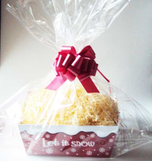 Let It Snow design Xmas Large gift box hamper making kit consisting of 30cm length x 24cm width x 11cm deep gift box 24 x 30 cellophane basket