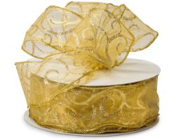 3M x 64mm Gold wired edge metallic sheer Xmas snowflakes ribbon